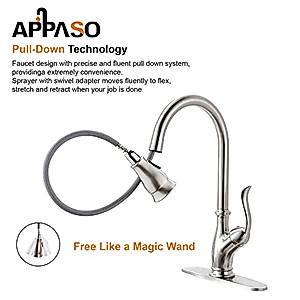 APPASO Pull Down Kitchen Faucet with 2-Mode Sprayer Brushed Nickel - Single Handle 1 Hole High Arc Pull Out Kitchen Sink Faucets, Stainless Steel, 170BN