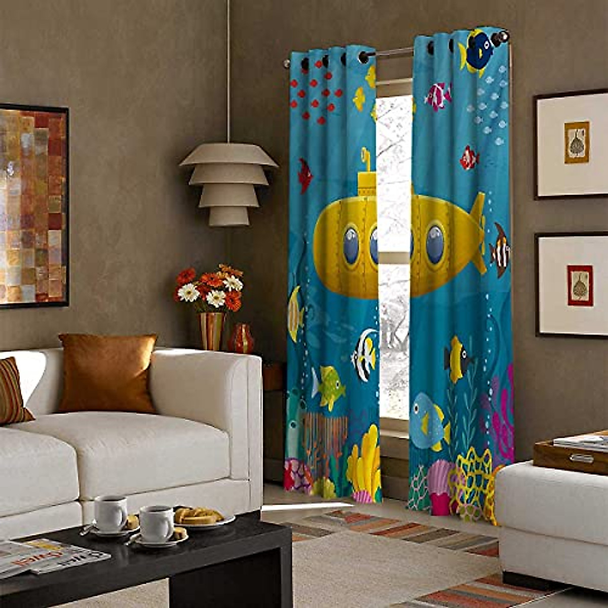 Blue Yellow Pink Bedroom Blackout Curtains 63 Inch Long Yellow Submarine Kids Bedroom Blackout Grommet Top Curtain Panels W72 x H63