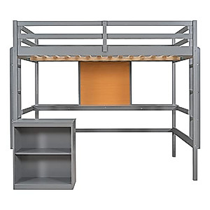 BOVZA Full Size Loft Bed with Desk and Writing Board, Cabinet, Wood Loft Bed Frame with 2 Built-in Ladder and Guardrails for Kids Teens Girls Boys, Gray
