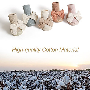 WATOCHE Baby Girl Socks Look Like Shoe Toddler Ant-slip Socks with Grips Baby Long Socks with Cute Bows Floor Shoes Socks(Coffee+Kaqi Bow,0-6M)