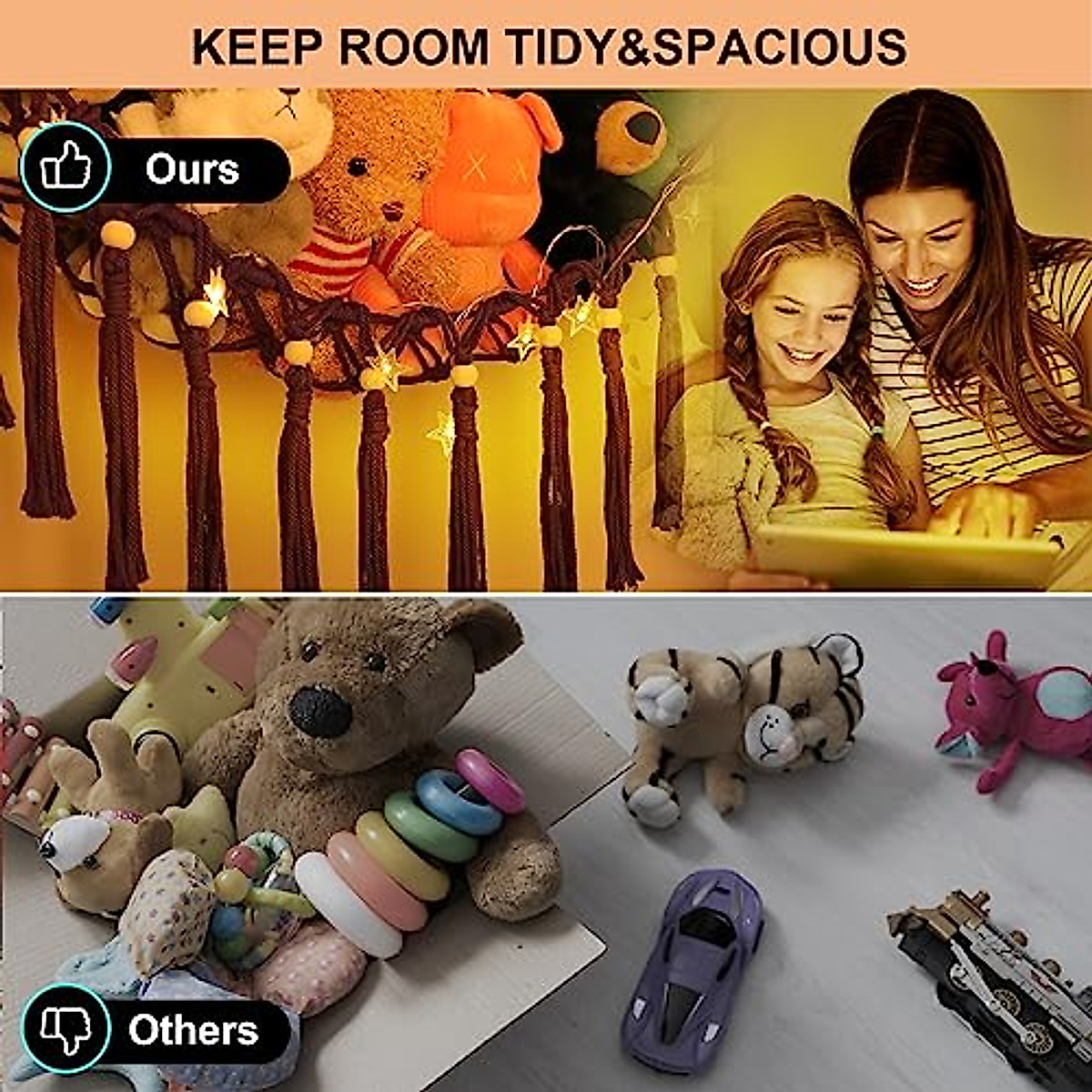 Razella Purple Stuffed Animal Net or Hammock with LED Light Net for Stuffed Animals Corner Plush Animal Storage Hammock for Wall Bedroom Living Boho Kids Room Decor