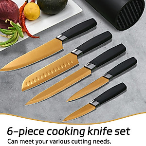 Kitchen Knife Set, Retrosohoo 6 Pieces Sharp Stainless Steel Chef Knife Set with Cylindrical Block, Ergonomic Black Handle Knife with Gold Blades, Knife Set with Gift Box, House Warming Gift (Black)