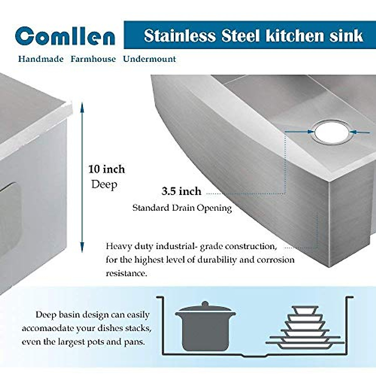 Comllen Commercial 33 Inch 304 Stainless Steel Farmhouse Sink, Single Bowl Kitchen Sink 16 Gauge 9 Inch Deep Handmade Undermount Kitchen Apron Sink Farm Sink
