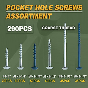 LIONMAX Pocket Hole Screws Assortment Kit 290PCS, 6 Size Pocket Hole Screws Kit, Coarse Thread, Washer Head, Self Tapping for Soft Wood, 150MM Square Drive Bit Included