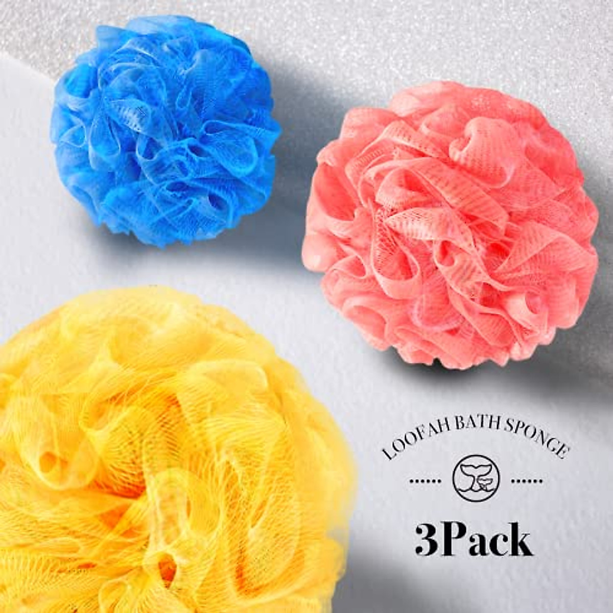 WhaleLife Bath Loofah Sponge Shower Pouf Puff for Men Women 3 Pack (Pink Blue Yellow)