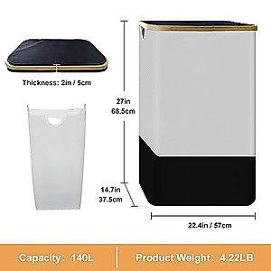 ROPECUBE 145L laundry basket with Lid, Large Foldable Laundry Hamper for laundry with net bag,Clothes Basket Organizer with 2 storage bag for Bedroom and Bathroom (Black and White)