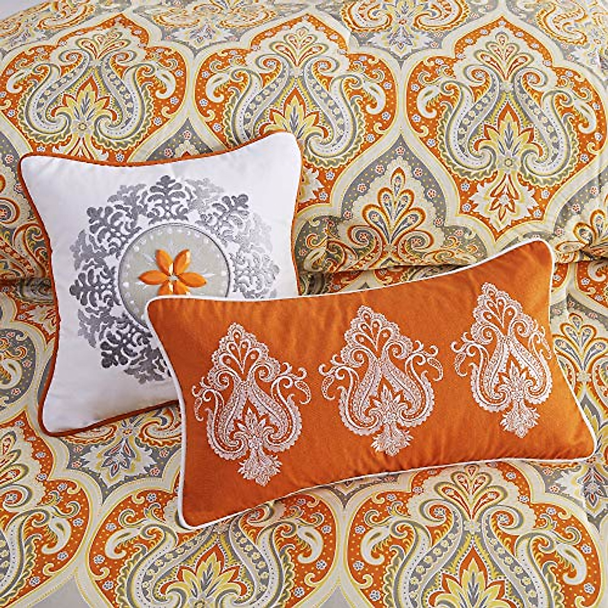 Madison Park Nisha Sateen Cotton Comforter Set, Breathable, Soft Cover, Trendy, All Season Down Alternative Cozy Bedding with Matching Shams, King/ California King, Orange 7 Piece