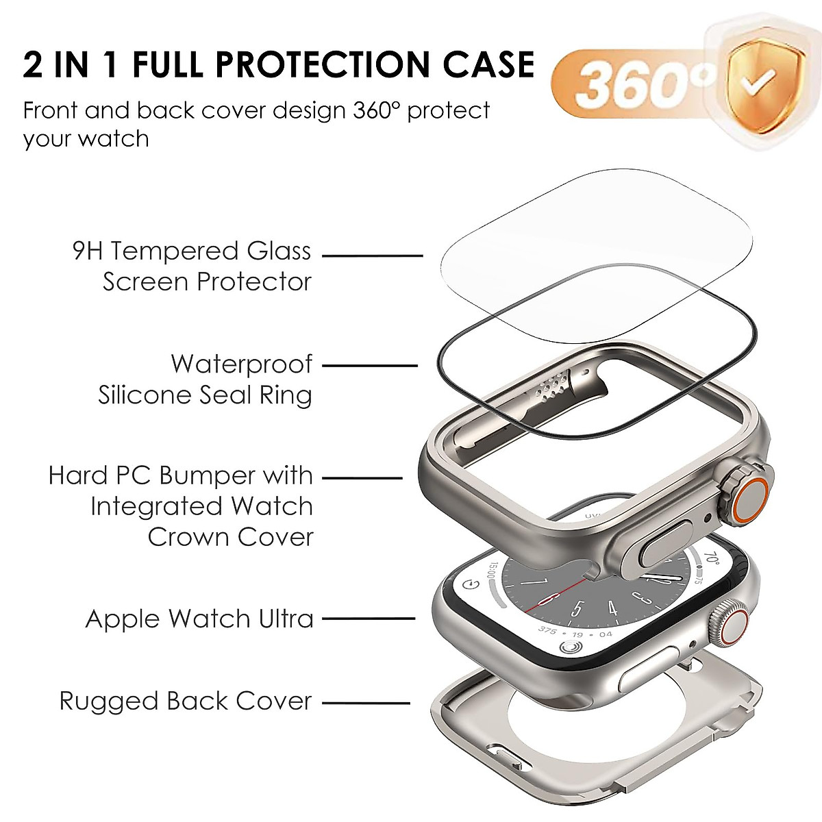 Wingle 2 in 1 Waterproof Case for Apple Watch Series 9 8 7 45mm Screen Protector【Looks Like Apple Watch Ultra】, 2 Pack iWatch Face Cover + Back Bumper with Tempered Glass for Men, Titanium