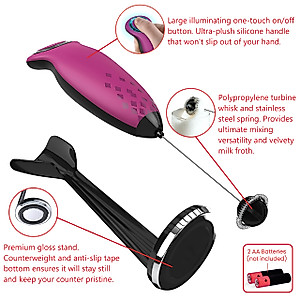 YOSHIFUL Milk Frother for Coffee with Deluxe Stand - Coffee Frother Handheld Foam Maker for Lattes - Turbine Whisk Drink Mixer Handheld - Frother Wand Stirrers Electric for Cappuccino, Matcha (Pink)