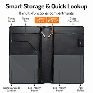 Forvencer Server Book, 2 Zipper Pockets, Leather Server Books for Waitress, Waitress Book, Sturdy Waiter Book, Serving Waitress Accessories Fit Server Apron Waitress Notepad (Black)