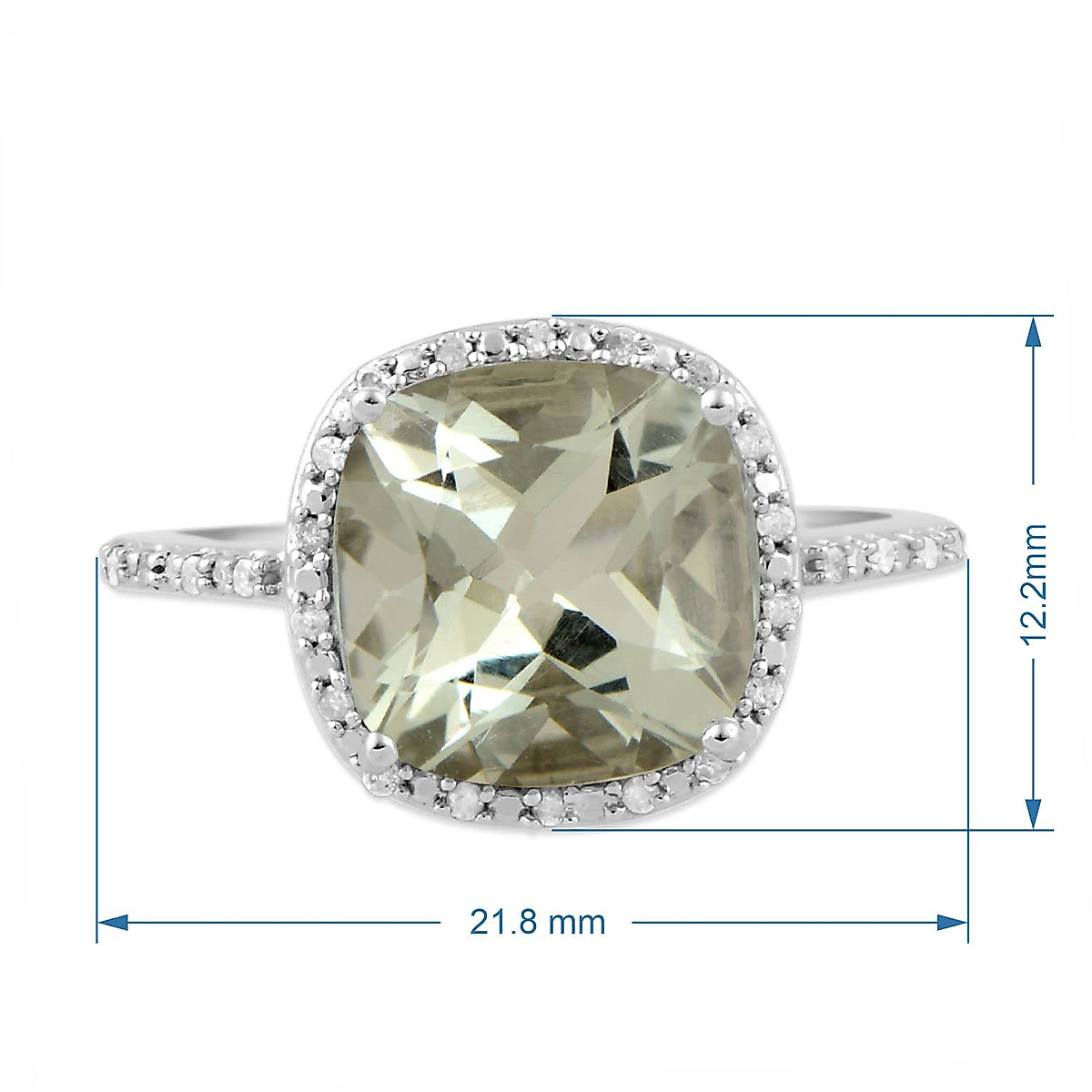 Jewelili Cocktail Ring with Cushion-cut Green Amethyst with White Diamond Halo in Sterling Silver, Size 7