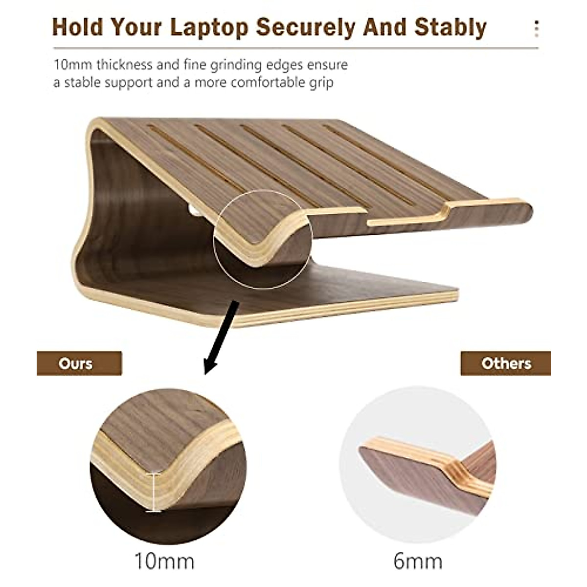 MoKo Wood Laptop Stand, Wooden Laptop Stand for Desk, Ergonomic Computer Cooling Holder, Natural Wooden Texture Desktop Notebook Stand Fits MacBook/iPad/Surface/Dell/Chromebook Laptops 11-17", Walnut