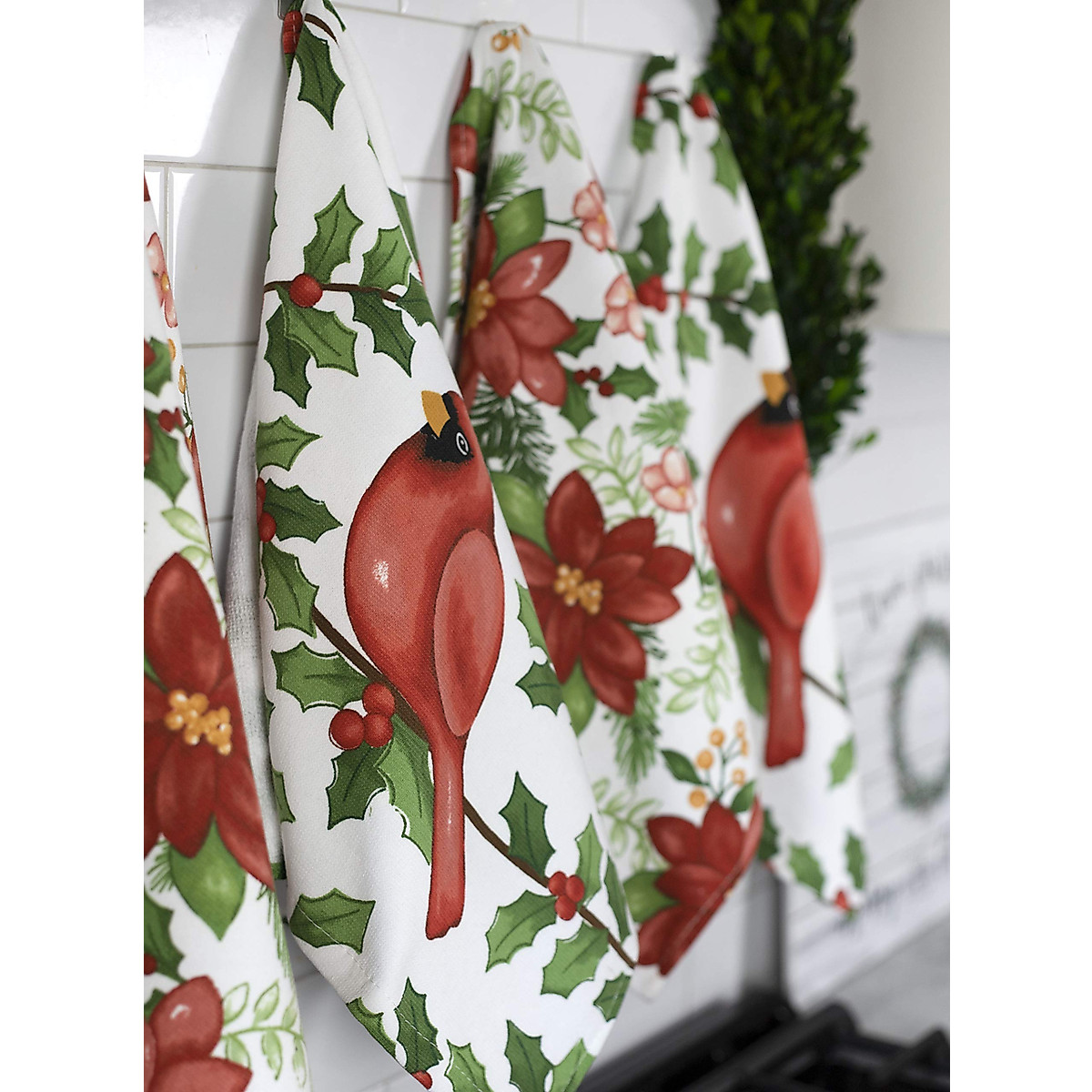 Ritz Dual Print Kitchen Towels, Watercolor Christmas Set, Great Christmas Gift, 100% Cotton, Highly Absorbent, Machine Washable, 4 Pack