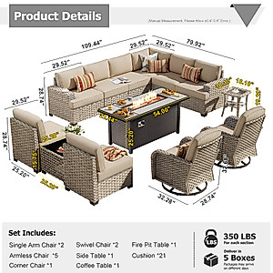 HOOOWOOO Outdoor Sectional Patio Furniture Set with Fire Pit Table,13 Pieces Wicker Conversation Sets L Shaped Couch,Extra Deep Out Door Sofa Outside Furniture with Swivel Chairs,Beige