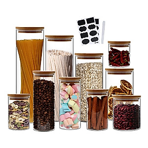 Cadamada Clear Glass Storage Jars with Lids,Airtight Food Storage Canisters with Bamboo Lids,Glass Pantry Storage Containers for Kitchen,Pantry,Flour,Coffee,Cereal,Spice,Beans,Pasta,Powder(10 pcs)