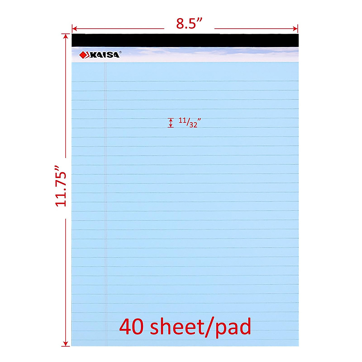 KAISA Colored Legal Pad Writing Pads , Wide Ruled 8.5"x11.75" , Thick 20lb Colored Paper 40 sheets/pad 8-1/2"x 11-3/4" Perforated Writed Pad, Sturdy Back, 4pads, KSU-5972
