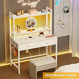Furologee Small White Desk with Drawers, 36 Inch Home Office Computer Desk with Power Outlet and LED Light, Vanity Desk with Storage Shelves, Modern Work/Writing/Study Table for Bedroom, White
