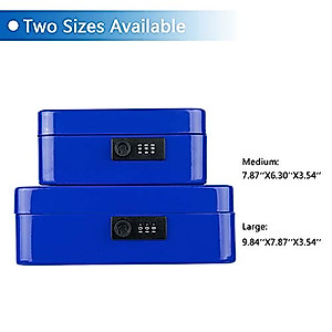 KYODOLED Large Cash Box with Combination Lock,Safe Metal Box for Money, Storage Lock Box with Money Tray,9.84"x 7.87"x 3.54" Blue Large
