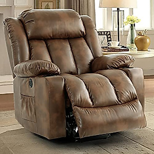 COOSLEEP Large Power Lift Recliner Chair with Massage and Heat for Elderly, Overstuffed Wide Recliners, Breathable Leather with Breathable microporous, USB Ports, 2 Cup Holders (Light Brown)