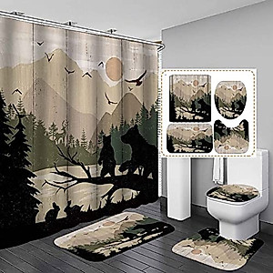 Dia Magico 4PCS Black Bear Shower Curtain Set, Rabbit Bird Deer Elk Moose Wildlife Animal Hunting Nature Pine Tree Woodland Country Rustic Farmhouse Bathroom Decor, Non-Slip Bath Mat, Sun & Mountain