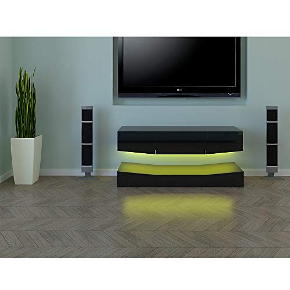 Goujxcy LED TV Stand Cabinet, Wall Mounted Upper and Lower Layer Modern Entertainment Center Unit, High Gloss 3 Storage Drawers, RGB LED Lights, 47.3'', Black