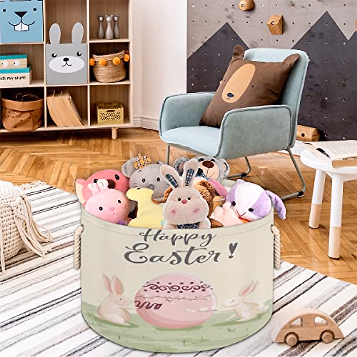Happy Easter Funny Rabbits (7) Large Round Baskets for Storage Laundry Baskets with Handles Blanket Storage Basket for Bathroom Shelves Bins for Organizing Nursery Hamper Girl Boy