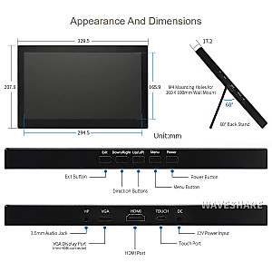 waveshare 13.3inch Capacitive Touch Screen LCD V2 with Case Compatible with Raspberry Pi 4B/3B+/3A+/2B/B+/A+/Zero/Zero W/WH/Zero 2W CM3+/4 1920×1080 Resolution HDMI IPS Supports Jetson Nano/Windows