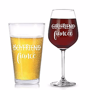 Boyfriend and Girlfriend Beer and Wine Glasses Set of 2 15Oz, Unique Fiance and Fiancee Gift Set - Perfect Engagement Gifts for Couples Fiance Fiancee Him Her Bride Groom Mr Mrs Him Hers