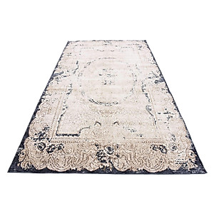 Unique Loom Chateau Collection Rustic, Vintage, Medallion, Textured, Distressed, Traditional Area Rug, 5 ft x 8 ft, Beige/Navy Blue