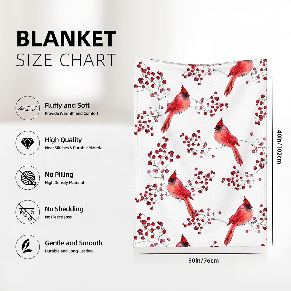 LAKIMCT Cute Winter Cardinal Birds Blanket for Couch Bed Throw Blanket, Aesthetic Decorative Blanket for Travel Camping Comfy Blanket, Full Size Blanket, 30x40 inch