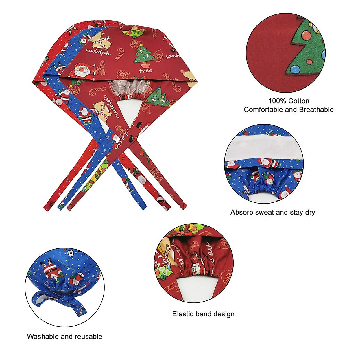 Christmas Printed Working Cap with Button and Sweatband Adjustable Bouffant Hats for Women Men （3 Pcs）