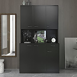 NOSGA Kitchen Pantry Storage Cabinet, 71" Kitchen Buffet Cabinet with Buffet Cupboard 6 Doors & 3 Shelves, Storage Cabinet Microwave Stand with Drawer for Home Kitchen(Black)