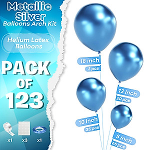 Metallic Blue Balloons Different Size, 123 Packs Blue Balloons Arch Kit, Pack of 18 12 10 5 Inch Chrome Blue Balloons Garland for Graduation Baby Shower Birthday Wedding Decoration