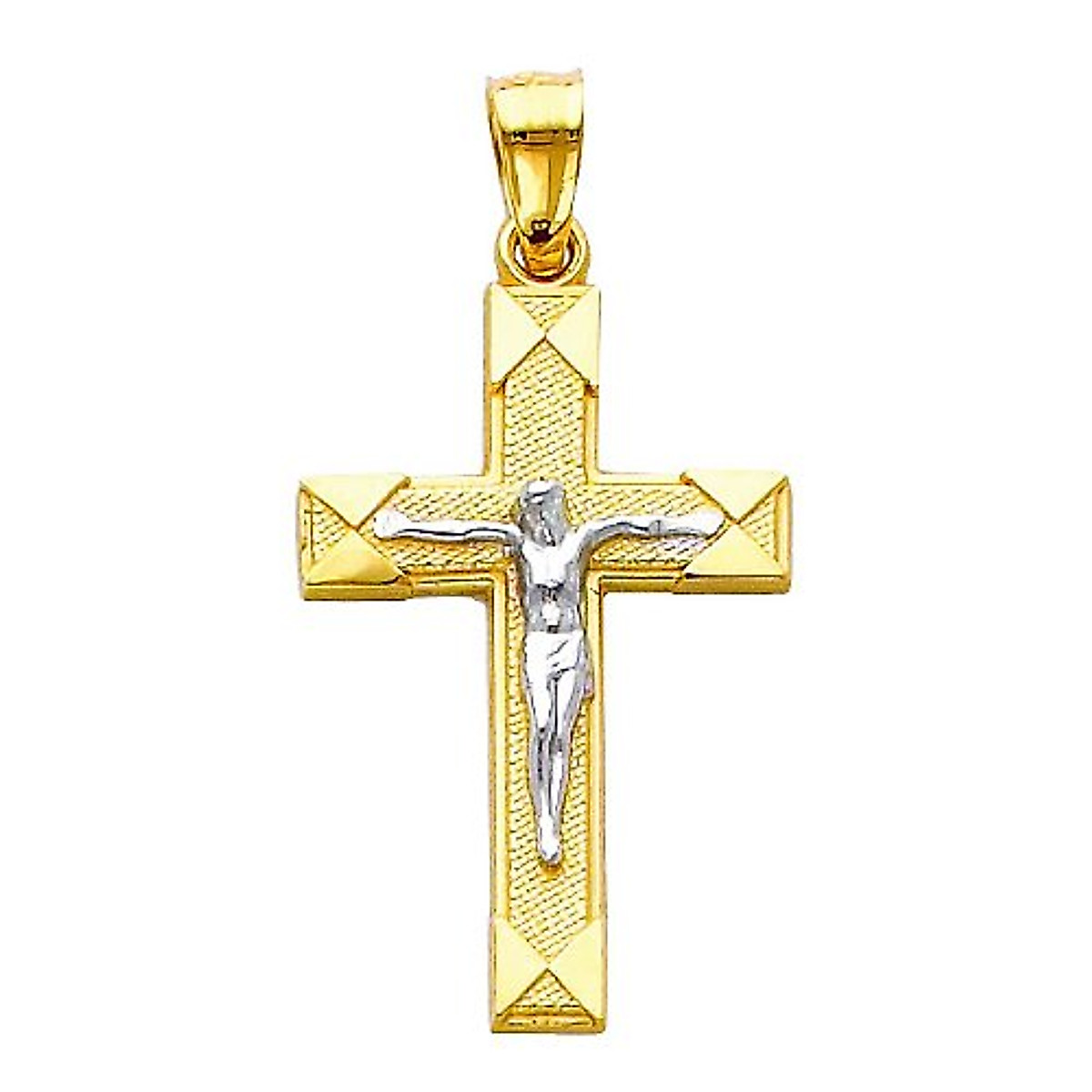 The World Jewelry Center 14k REAL Two Tone Gold Jesus Cross Religious Pendant with 1.5mm Flat Open Wheat Chain Necklace - 24"