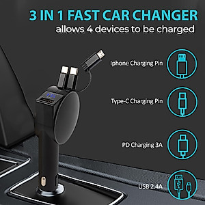 Retractable Car Charger (2.62 ft) - 3 in 1 Fast Car Charge with 66W, Compatible with iPhone, iPad, Samsung and Android