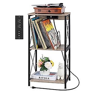YBING Record Player Stand 3-Tier Turntable Stand with Record Storage End Table with Charging Station Vinyl Record Storage Stand with Divider Nightstand for Living Room Bedroom Office, Oak