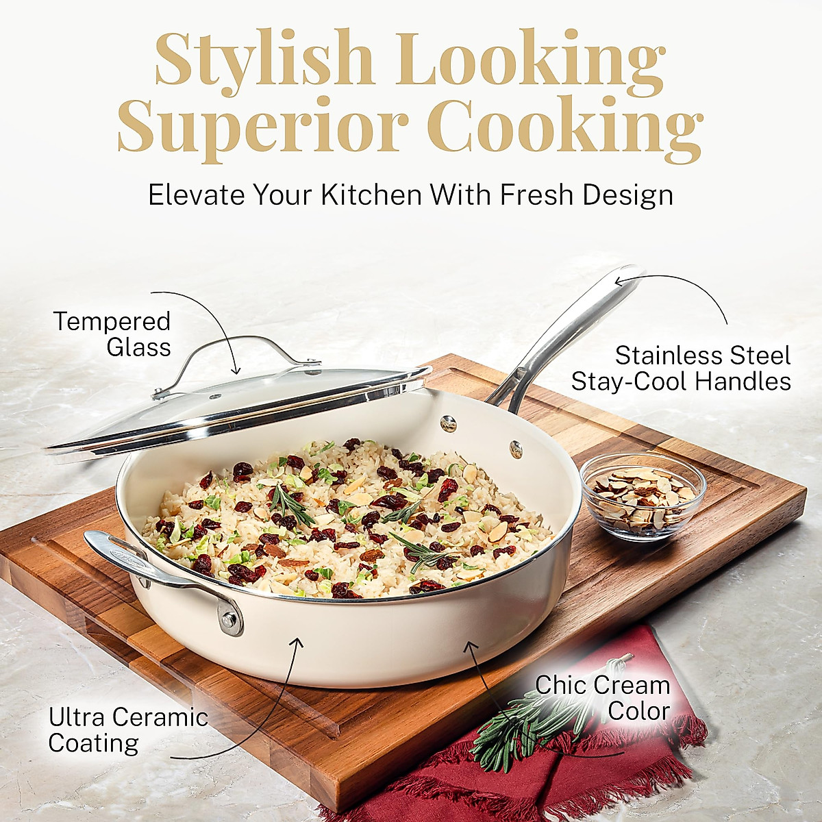 GOTHAM STEEL 5.5 Qt Saute Pan with Lid - Non Stick Frying Pans Nonstick Deep Frying Pan, Nonstick Pan, Cooking Pan, Nonstick Skillet, 100% PFOA Free Ceramic Pan, Dishwasher Safe, Cream White