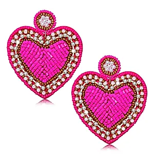 Bead Dangle Earrings for WomenRhinestone Heart Drop Dangle Earrings Pearl Heart Earrings Handmade Colorful Seed Beaded Drop Earrings Beaded Holiday Earrings Valentine's Day Dangle Earrings Gift