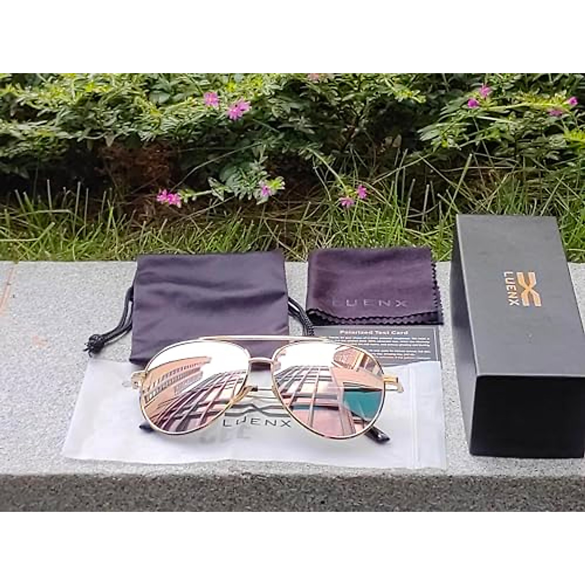 LUENX Aviator Sunglasses for Women Polarized - Driving Trendy Sun Glasses UV 400 Protection Pink Mirror Lens Gold Frame 60mm