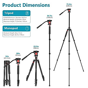 Neewer 2-in-1 Aluminum Alloy Camera Tripod Monopod 71.2"/181 cm with 1/4 and 3/8 inch Screws Fluid Drag Pan Head and Carry Bag for Nikon Canon DSLR Cameras Video Camcorders Load up to 17.6 pounds