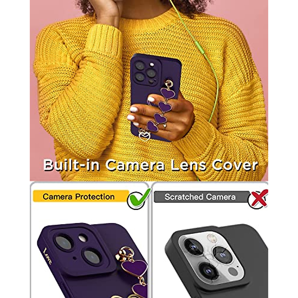 AICase iPhone 14 Plus Case for Women with Full Camera Lens Protection and Hand Strip Loop, Silicone Heart Girly Cute Side Soft Slim Shockproof Protective Cover for iPhone 14 Plus 6.7 inch_Purple