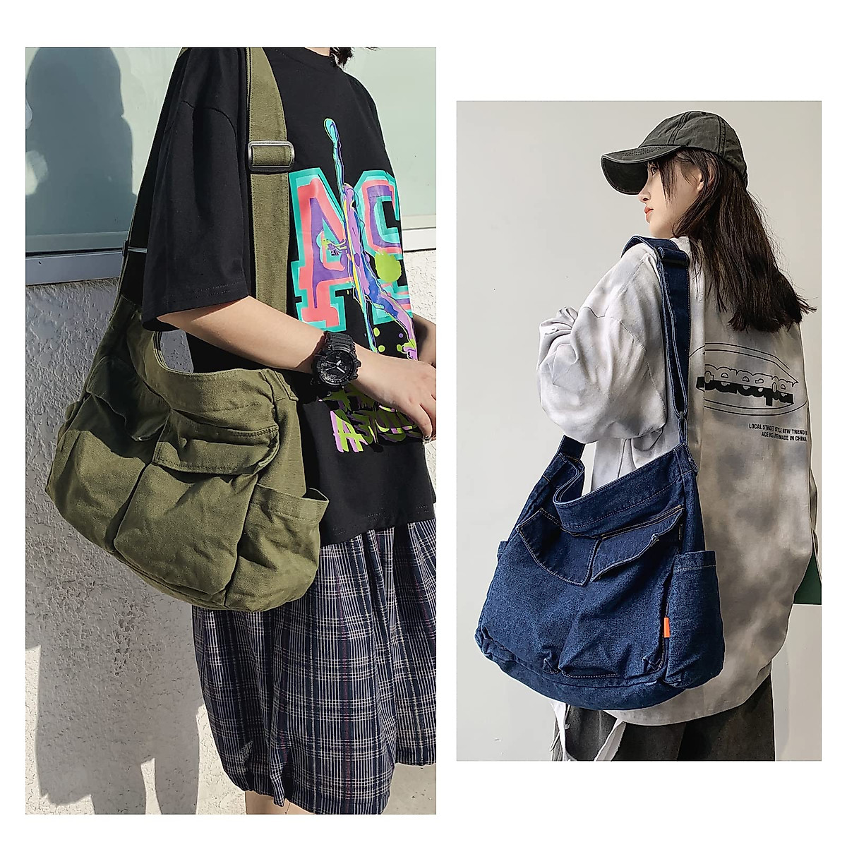 KlaOYer Canvas Messenger Bag Large Hobo Bag Crossbody Shoulder Bag Tote Bag with Pocket for Women and Men (Black)