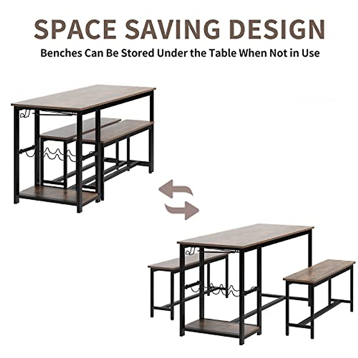 soges 3 Pieces Dining Table Set for 4, Dinner Table Set with 2 Benches, Rustic Wood Breakfast Table Set with Wine Rack and Glass Holder, Nesting Dinette Set for Kitchen Dining Room