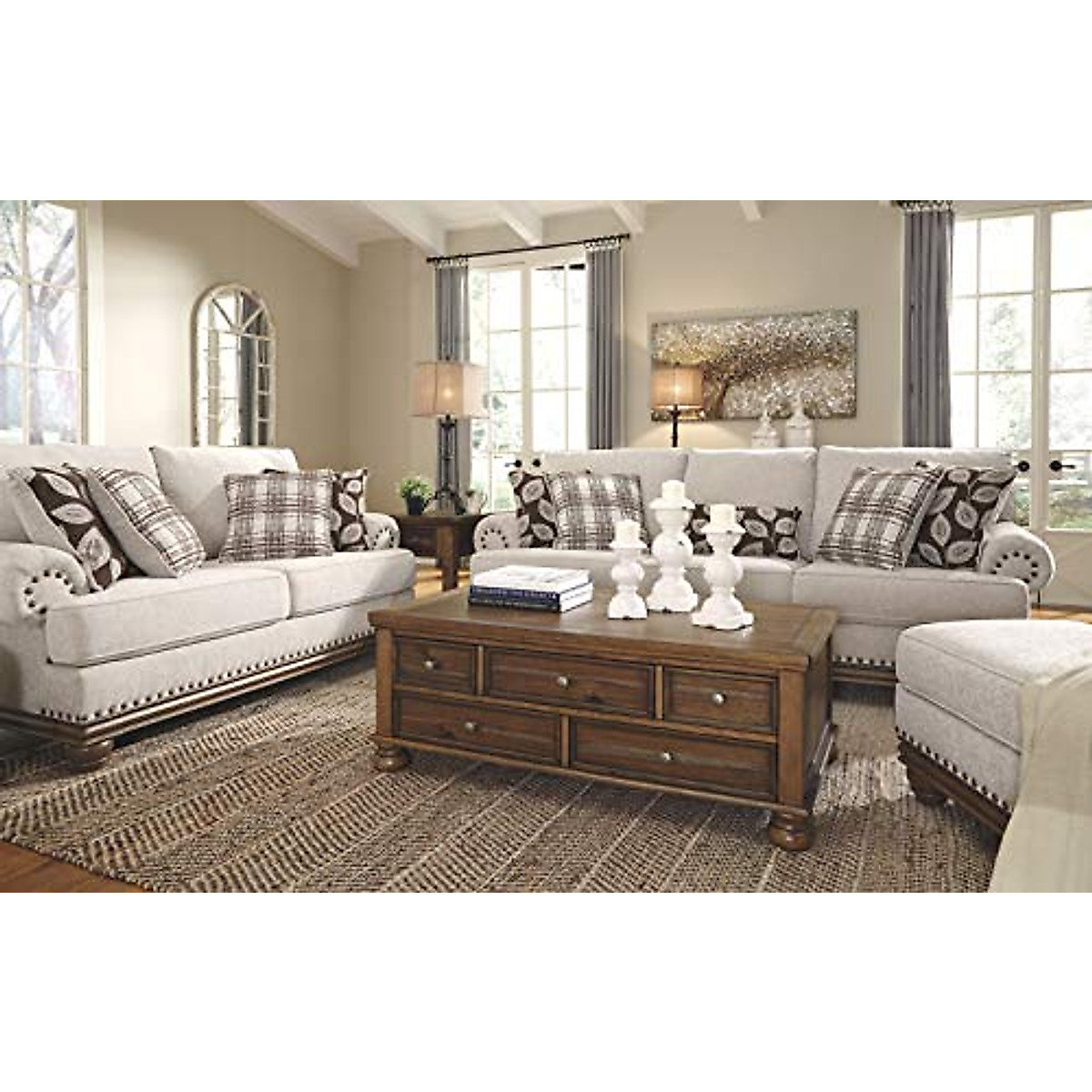 Signature Design by Ashley Harleson Modern Farmhouse Loveseat with Nailhead Trim and 4 Accent Pillows, Beige
