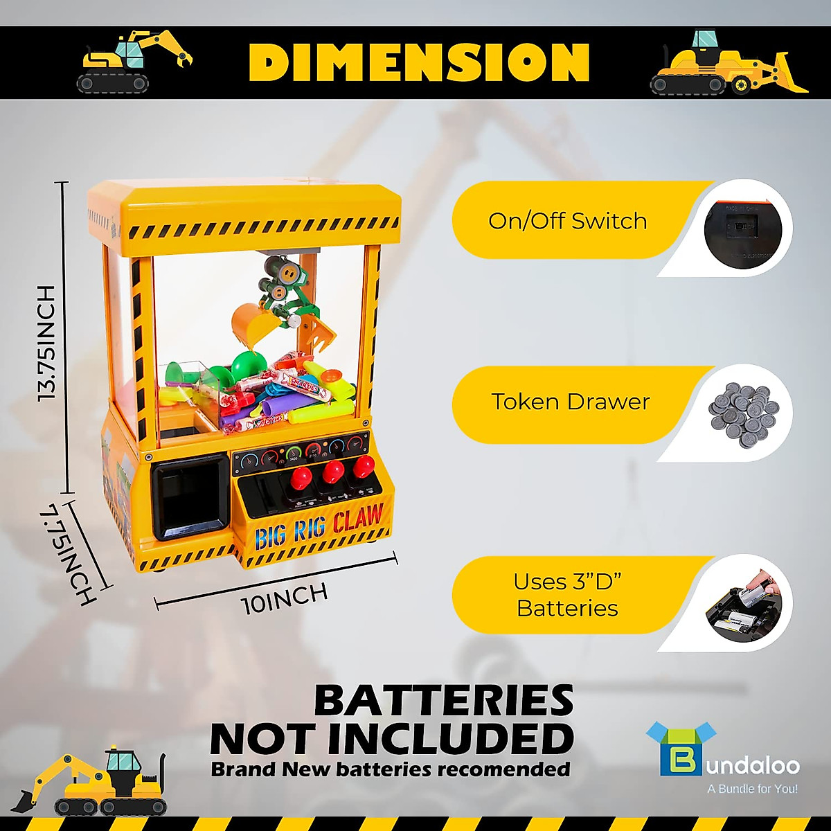 Bundaloo Claw Machine Arcade Game with Sound, Cool Fun Mini Candy Grabber Prize Dispenser Vending Toy for Kids, Boys & Girls (Big Rig Claw)