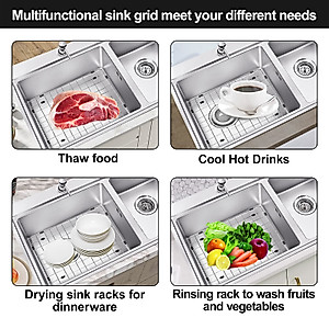 ARLBA 2Pack 304 Stainless Steel Sink Protectors for Kitchen Sink W/Rear Drain,15"x13"x1.25" Metal Kitchen Sink Grid Protector Sink Gate Sink Rack for Bottom of Sink w/2Pack Sink Strainers Rubber Feet