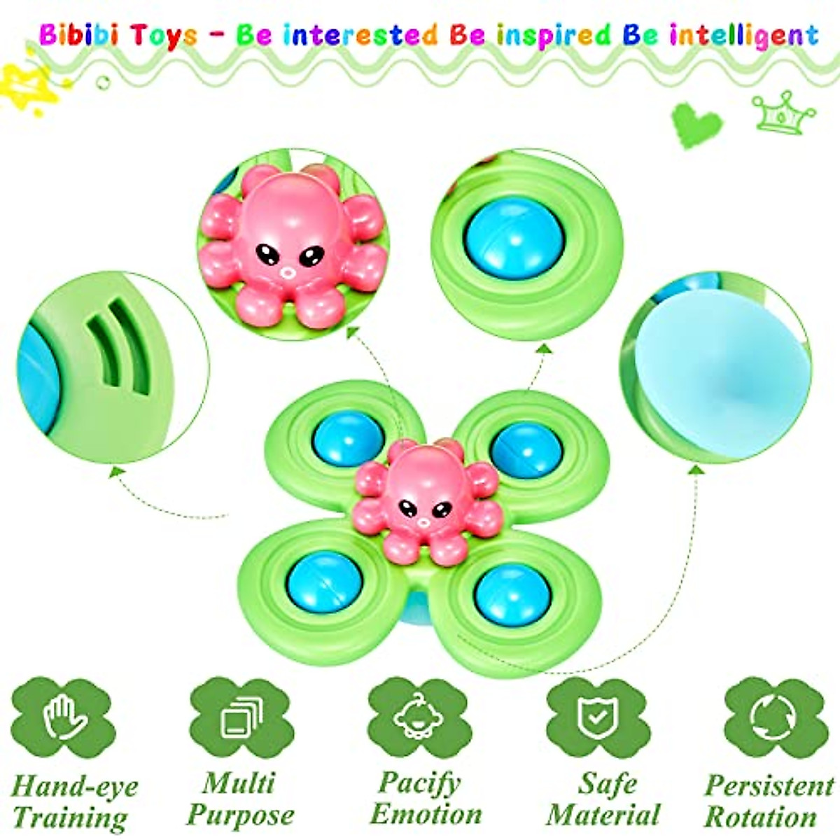 Bibibi Baby Toys, Bath Toys for Toddlers 1 3, Toddler Toys, Baby Travel Essential, Fidget Spinner, Sensory Toys, Bath Toy for Infants 6 12 Months, Baby Boy Toys, Toddler Girl Toys, Suction Cup Toys