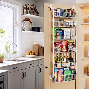 Over the Door Pantry Organizer, W17.5inch Wider Metal Over the Door Organizer, 6-Tier Pantry Door Organizer Spice Rack for Easy Install, 60 LBS Load Over the Door Storage, L17.5W6.7H53.7inch, White
