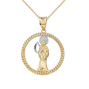 10k Two-Tone Gold Santa Muerte Round Rope Design Frame Necklace, 16"