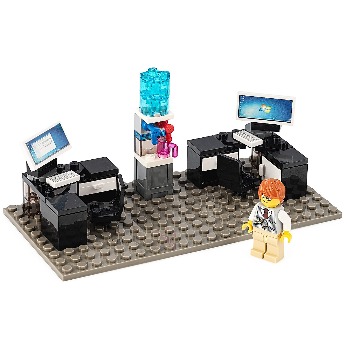 CUSTOM TOYS & HOBBIES INC Building Bricks Businessman Lawyer Full Office Setup 2 L Desks Keyboards Computers Water Cooler & Minifigure Miniature AFOL Holiday Birthday Gift for Kids